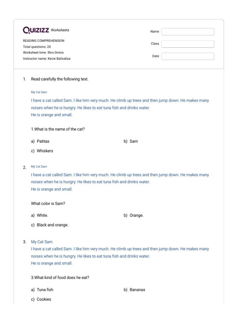 READING COMPREHENSION - Quizizz | PDF