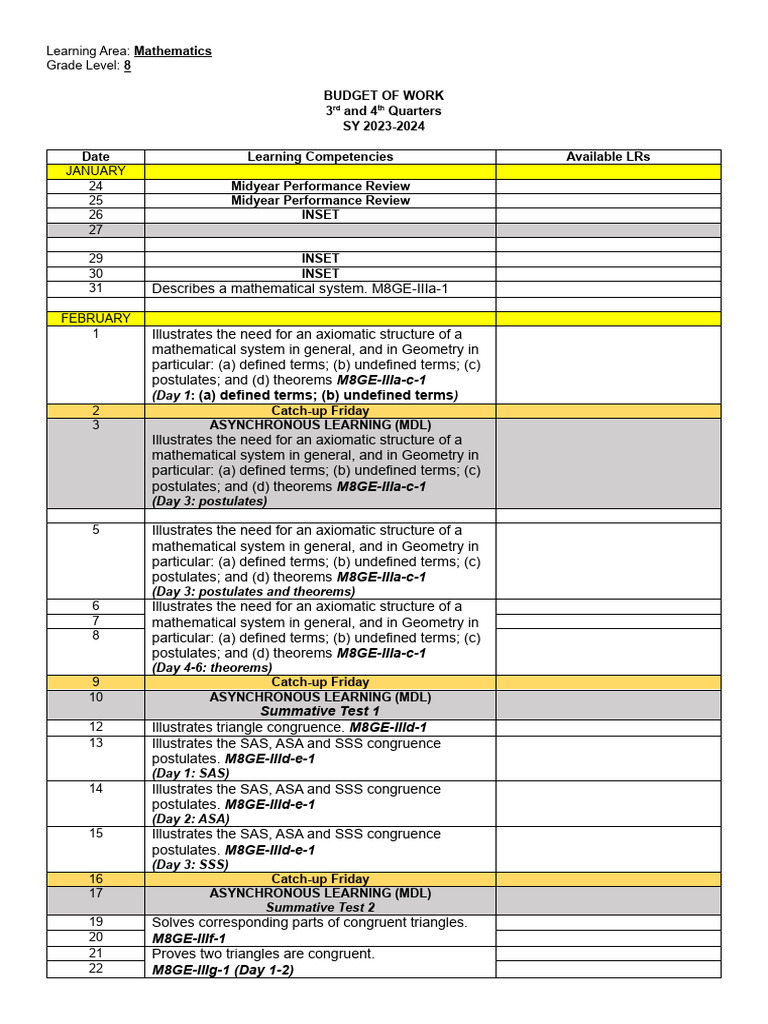 Yu Maryjoy Math8 Budgetofwork Q3 Q4 | PDF | Geometry | Elementary Geometry