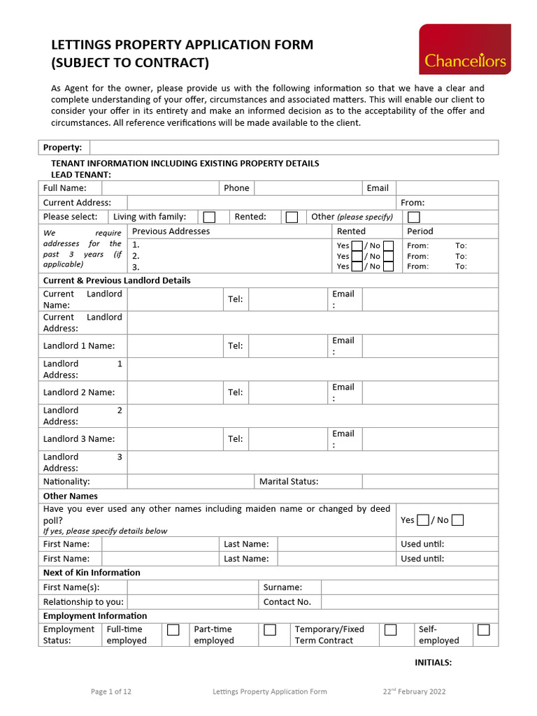 Lettings Property Application Form | PDF