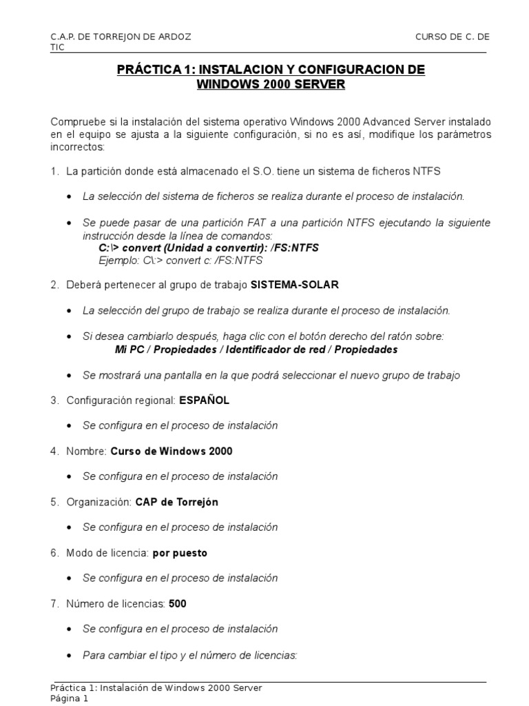 P01 Instalación y Configuración | PDF | Windows 2000 | Red de computadoras