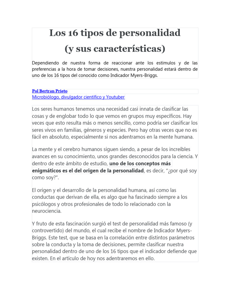 Los 16 Tipos de Personalidad | PDF