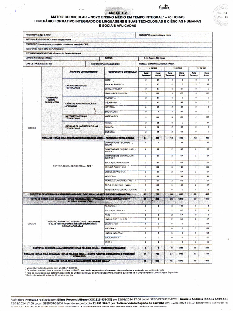 MATRIZ CURRICULAR NOVO ENSINO MÉDIO 2024 | PDF