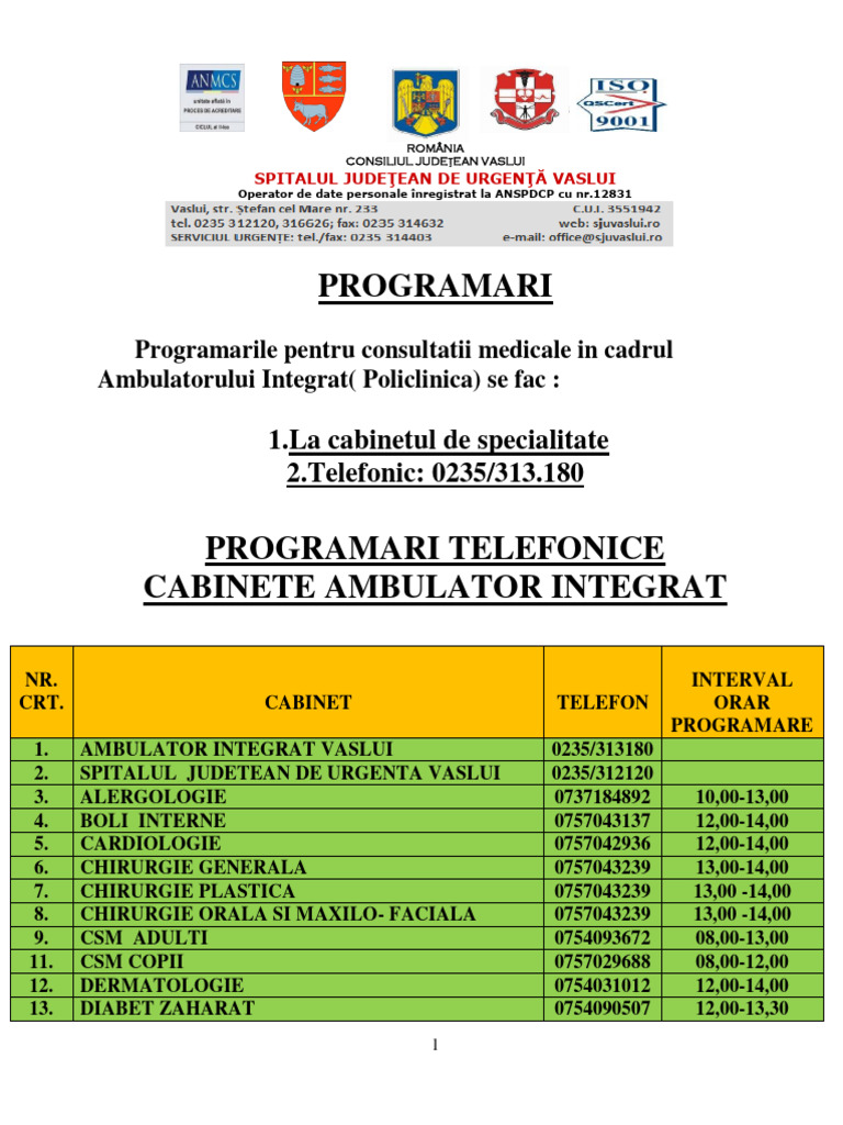 Programari Telefonice - Cabinete Ambulator Integrat Vaslui | PDF