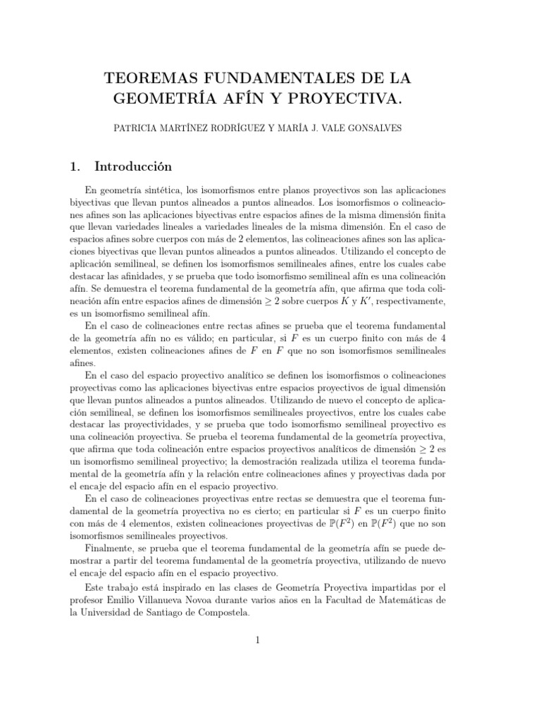Teoremas de Geometría Afín y Proyectiva | PDF | Geometría proyectiva ...