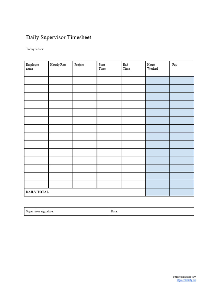Daily Supervisor Timesheet Template | PDF Daily Supervisor Timesheet Template | PDF