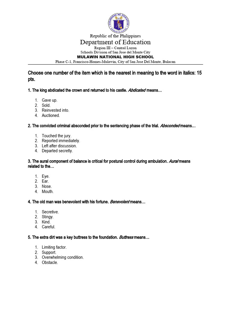 Vocabulary Test Questions | PDF