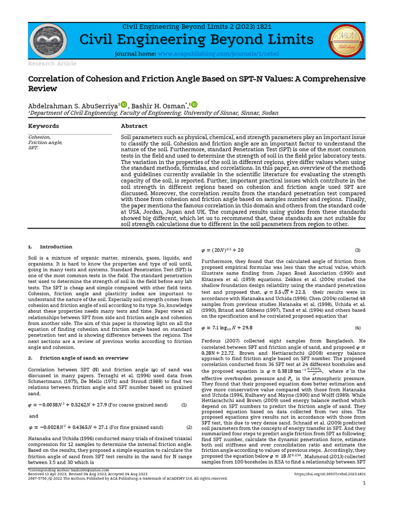 Correlation of Cohesion and Friction Angle BasedonSPT NValues A Comprehensive | PDF ...