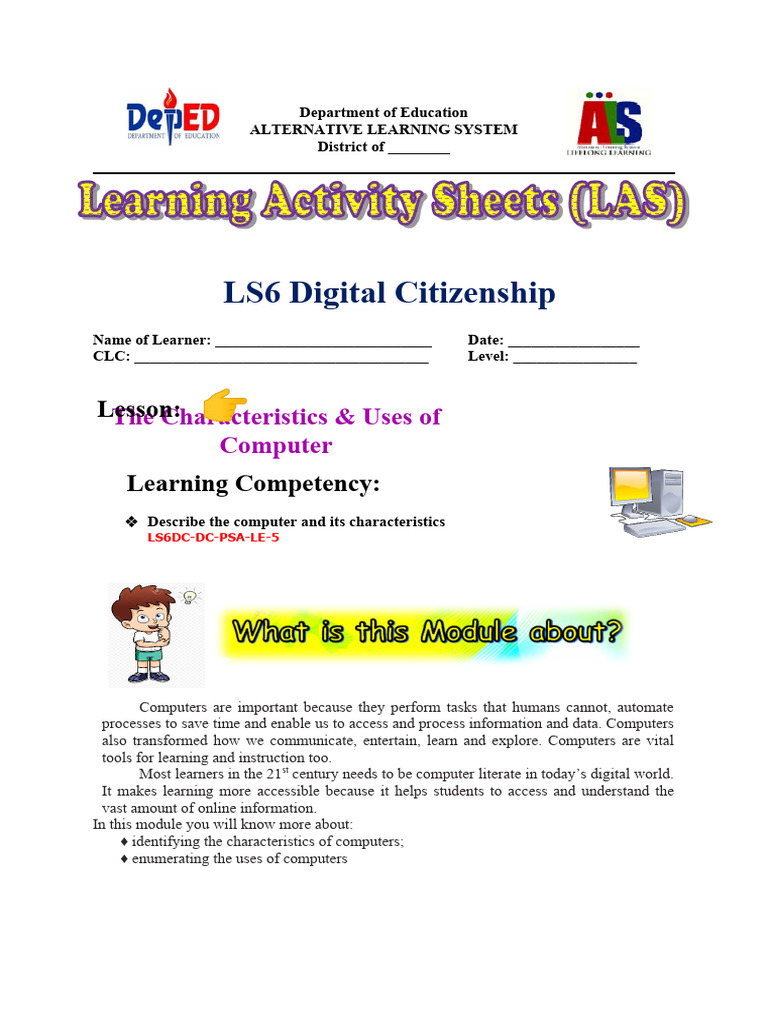 LS 6 Lesson 1 The Characteristics Functions of A Computer | PDF