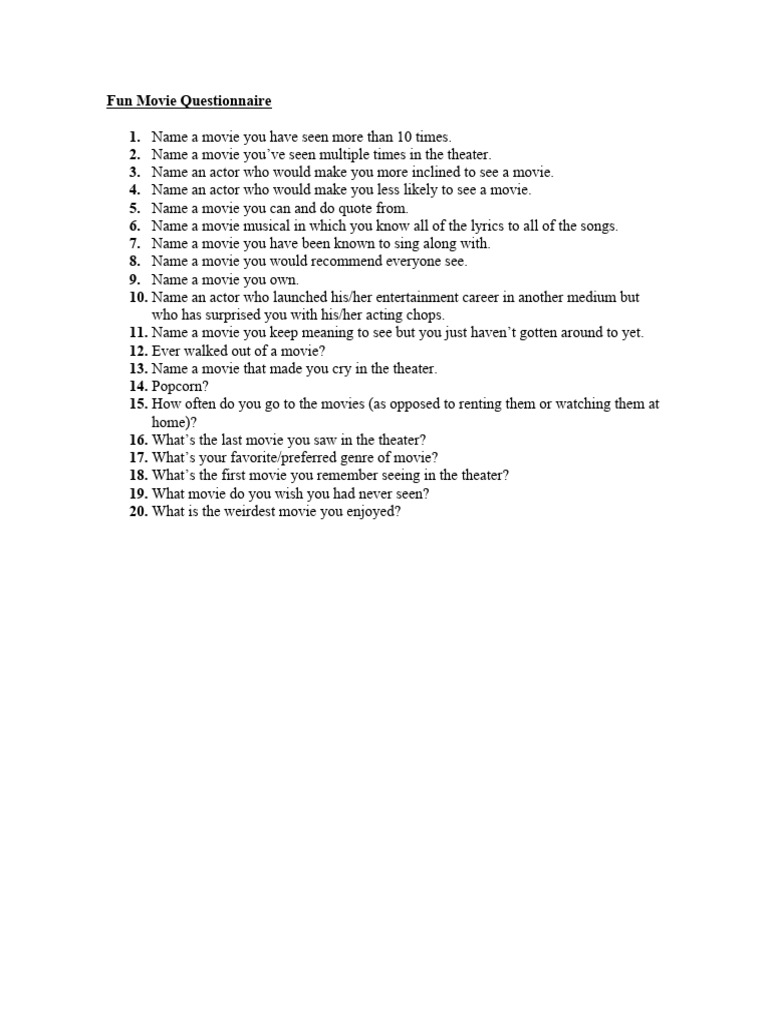 Fun Movie Questionnaire | PDF