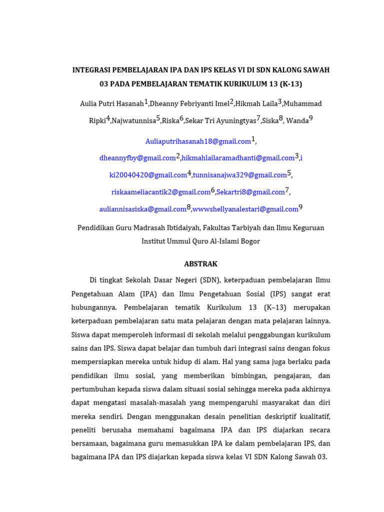 Jurnal Integrasi Pembelajaran Ipa Dan Ips Di SDN Kalong Sawah 03 | PDF ...