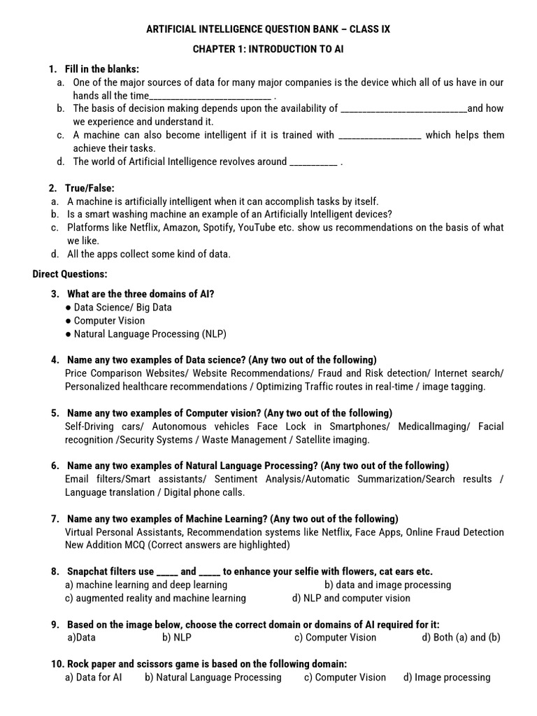 Grade Ix Artificial Intelligence Chapter-1 Question Bank | Download ... Grade Ix Artificial Intelligence Chapter-1 Question Bank | Download ...