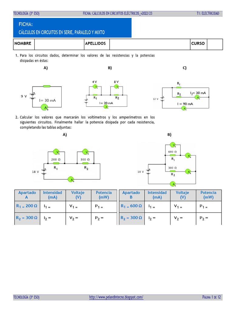 Ficha - Problemas Circuitos en Serie-Paralelo y Mixto - 2020-21 - v02 | PDF | Resistencia ...
