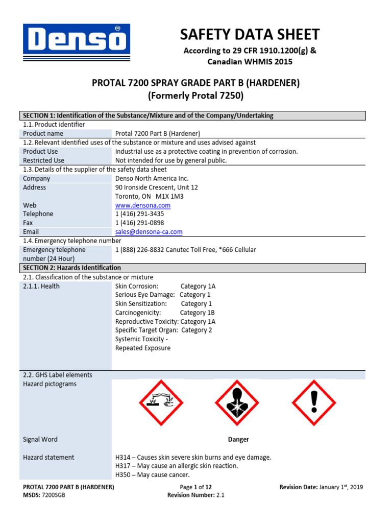 Protal 7200 Spray Grade Part B (Formerly 7250) SDS GHS Rev 025 | PDF ...