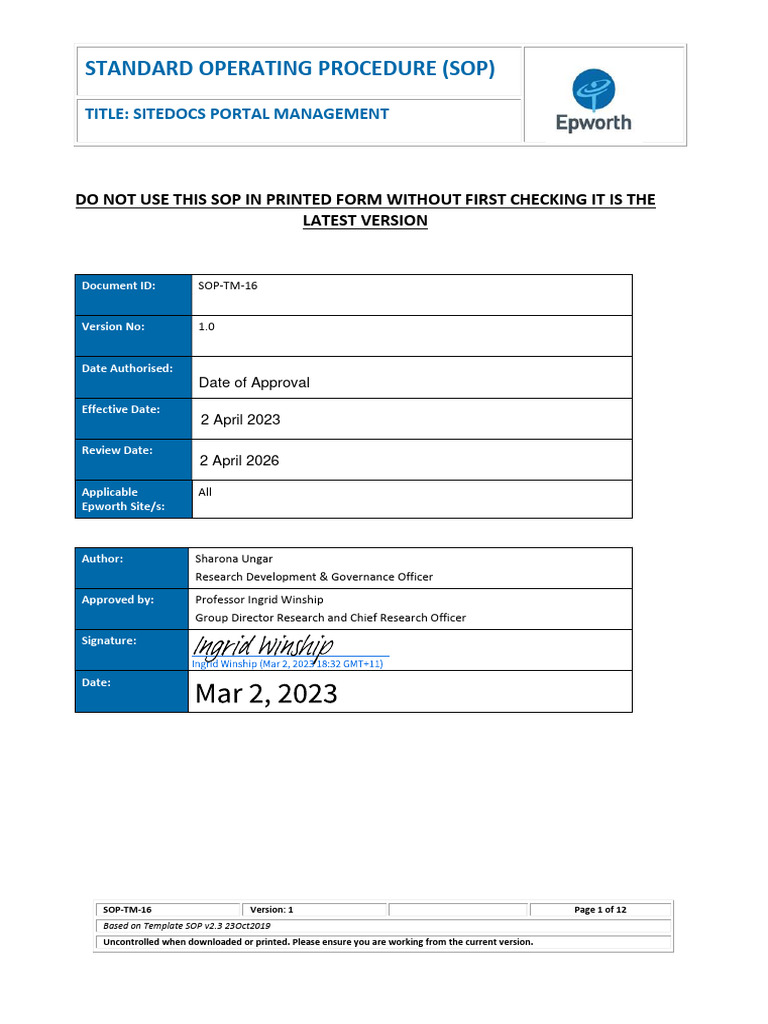 SOP TM 16 SiteDocs Portal Management v1 2march2023 | PDF | Clinical ...