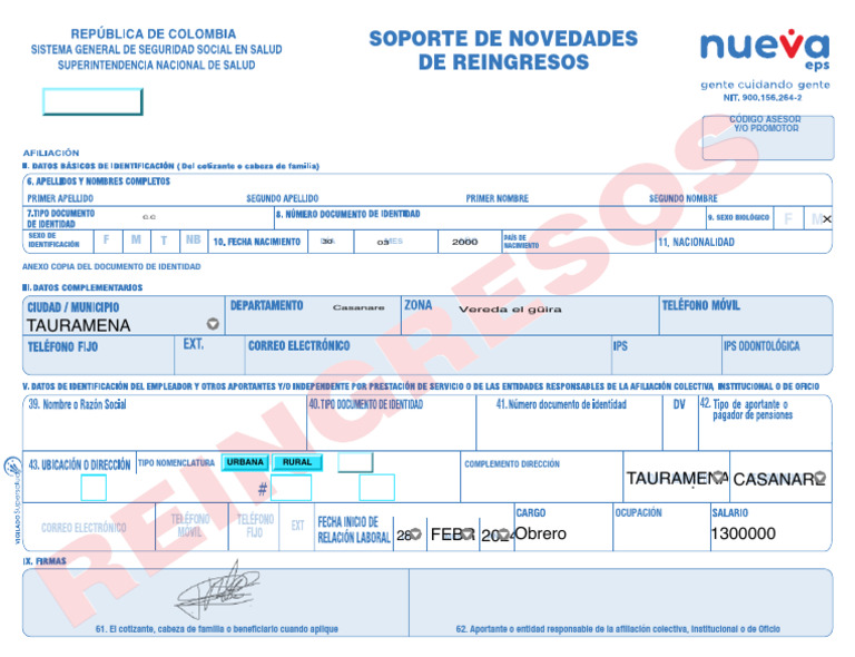 Formulario Editable Reingresos Digital NUEVA EPS Enero 2024 | PDF