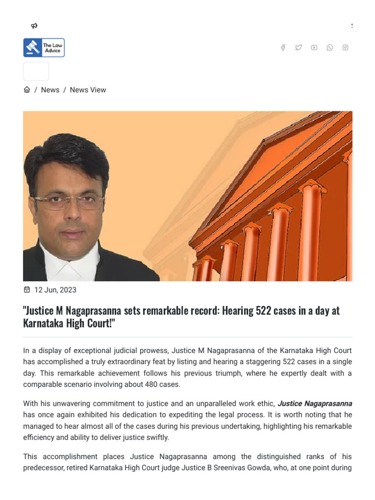 The Law Advice - News - Justice M Nagaprasanna Sets Remarkable Record ...