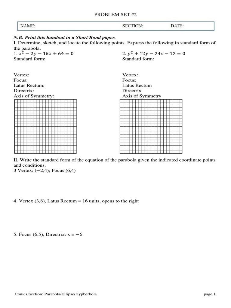 Problem Set 2 Parabola To Hyperbola Pdf