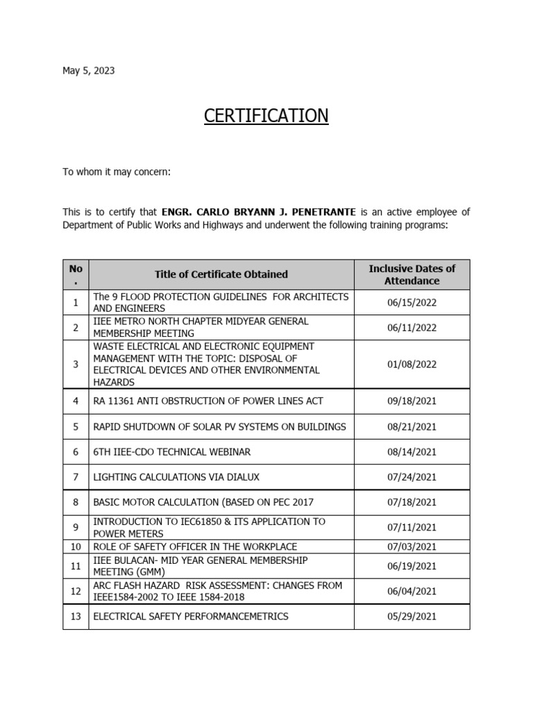letter of certification | PDF | Institute Of Electrical And Electronics ...