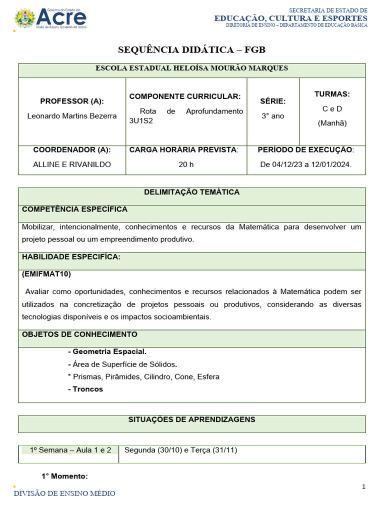 Sequencia Didatica 8 - Rotas 3°c, 3°d | PDF
