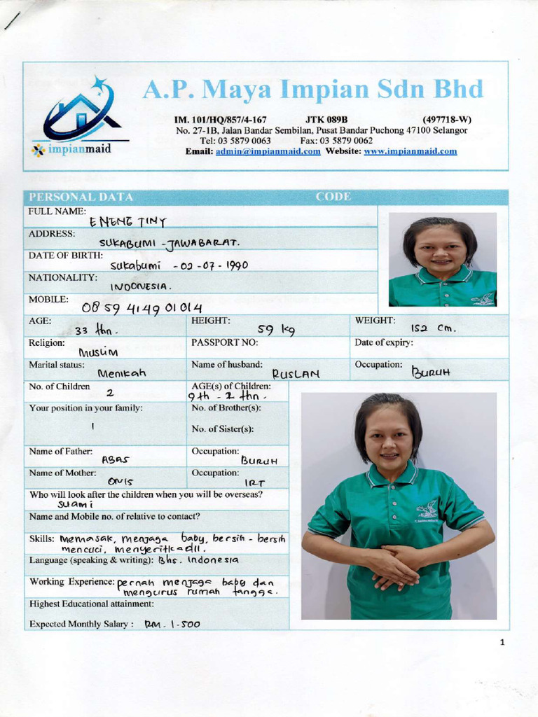 Biodata Eneng Tiny | PDF