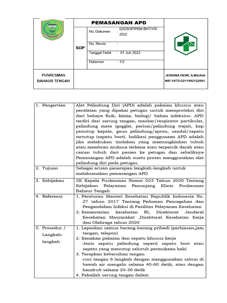 SOP PEMASANGAN APD | PDF