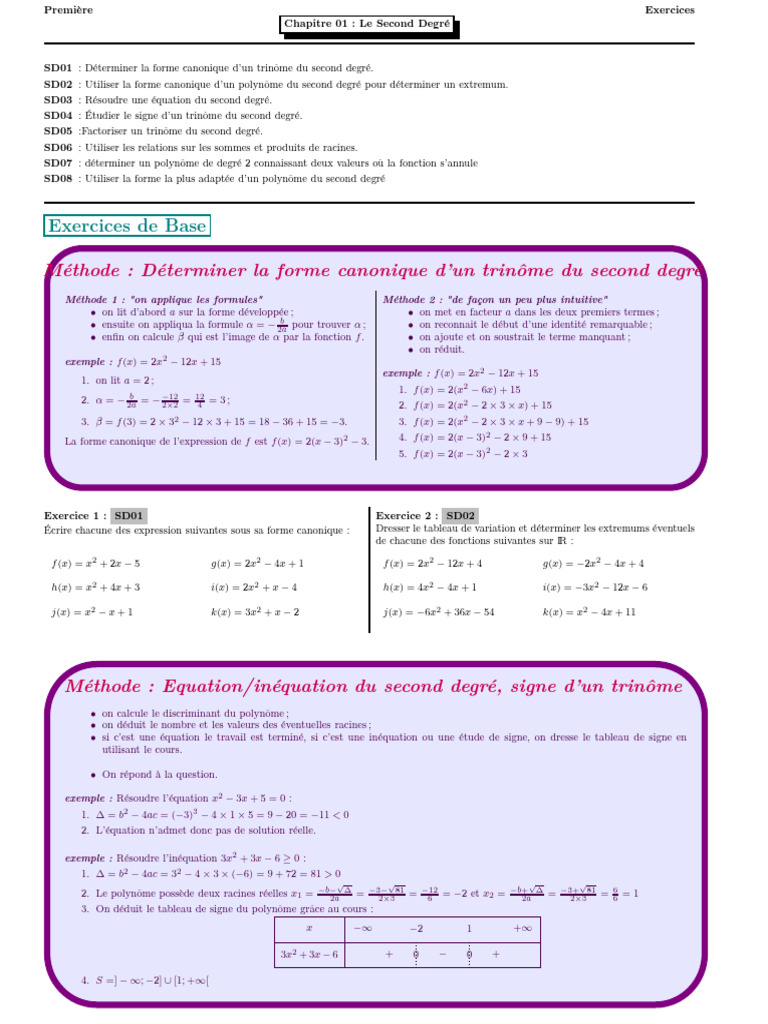 Chapitre 1 Exos - Second Degré | PDF