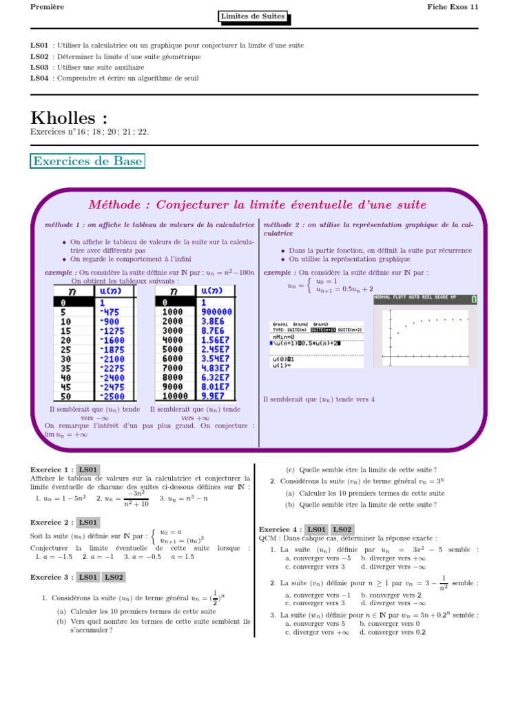 Limites de Suites : Méthodes et Exercices | PDF | Limite (mathématiques ...