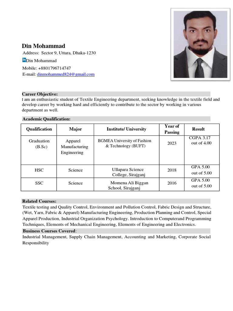 CV of Din Mohammad | PDF | Textiles | Engineering