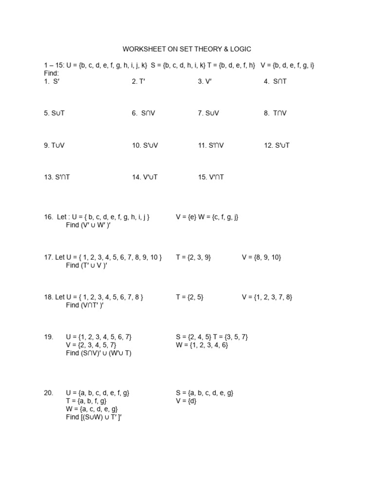 Worksheet On Set Theory | PDF