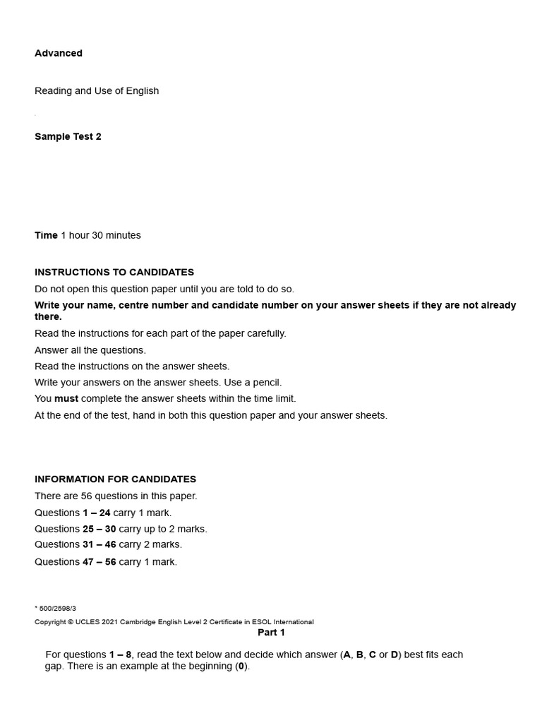 Reading And Use Of English Question Advanced Pdf