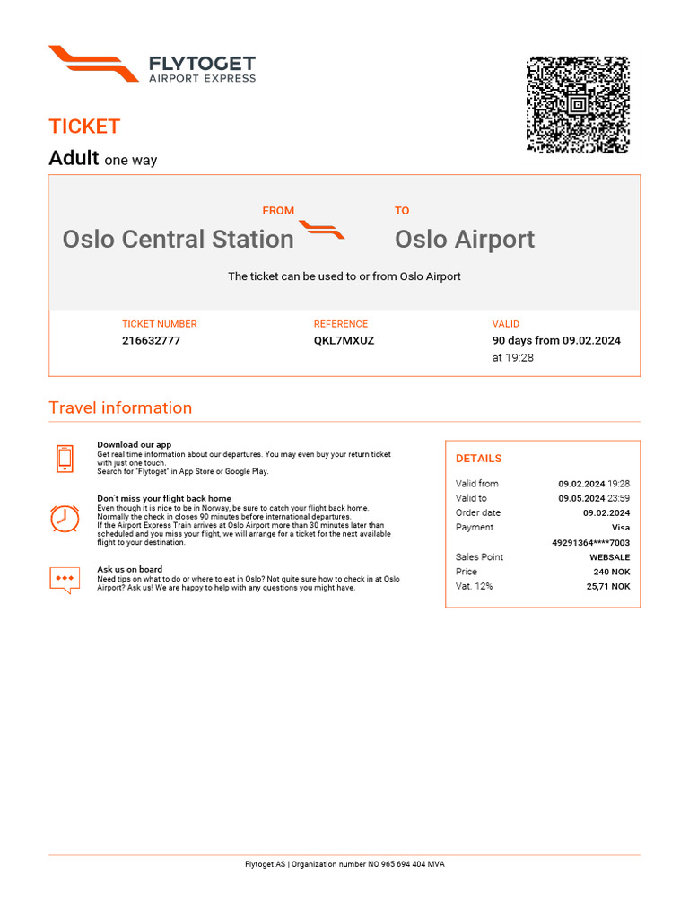 Oslo Central Station Oslo Airport: Ticket | PDF | Transport