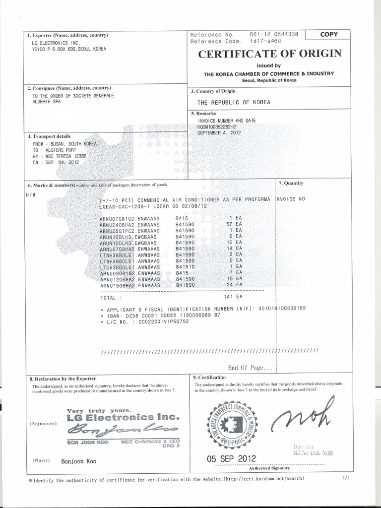 Certificat Origine Et Conformity | PDF