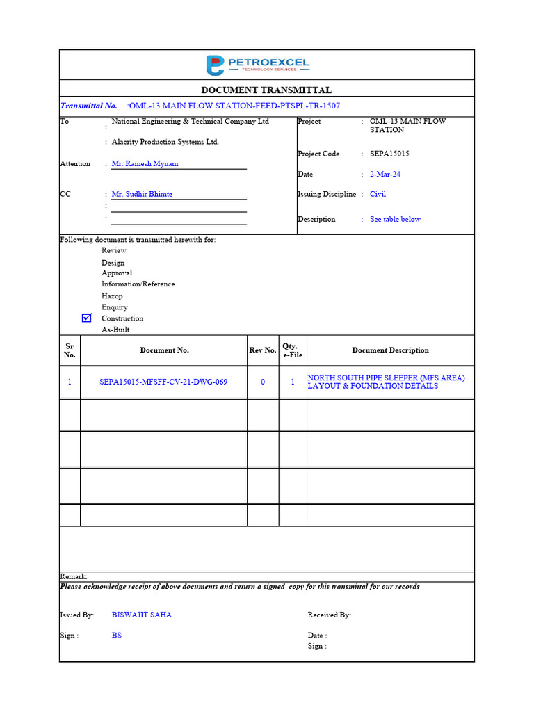 Oml-13 Main Flow Station-Feed-Ptspl-Tr-1507 | PDF