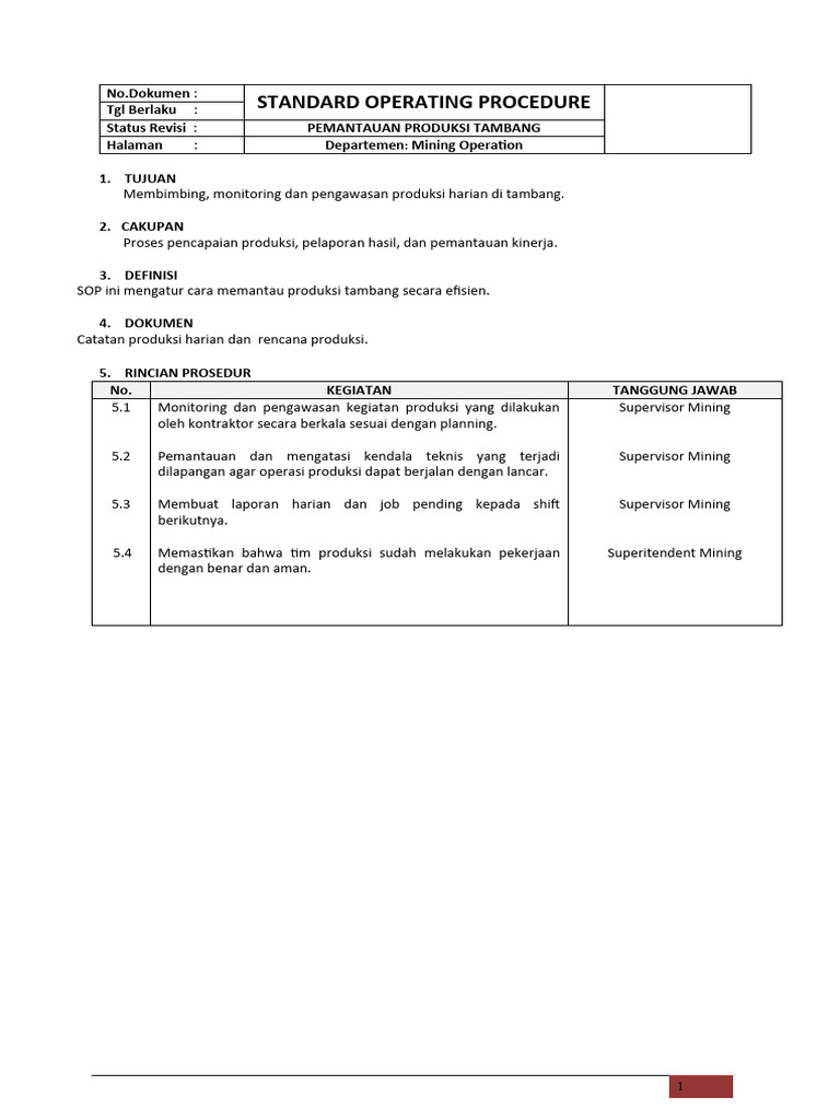 Sop Pemantauan Produksi Tambang | PDF