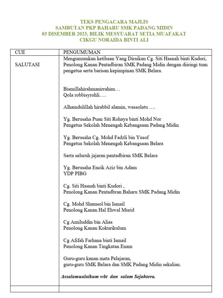 Skrip Emcee Sambut PKP Baharu | PDF
