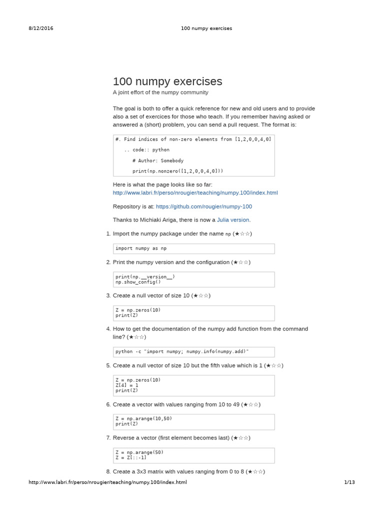 Numpy Exercises | PDF