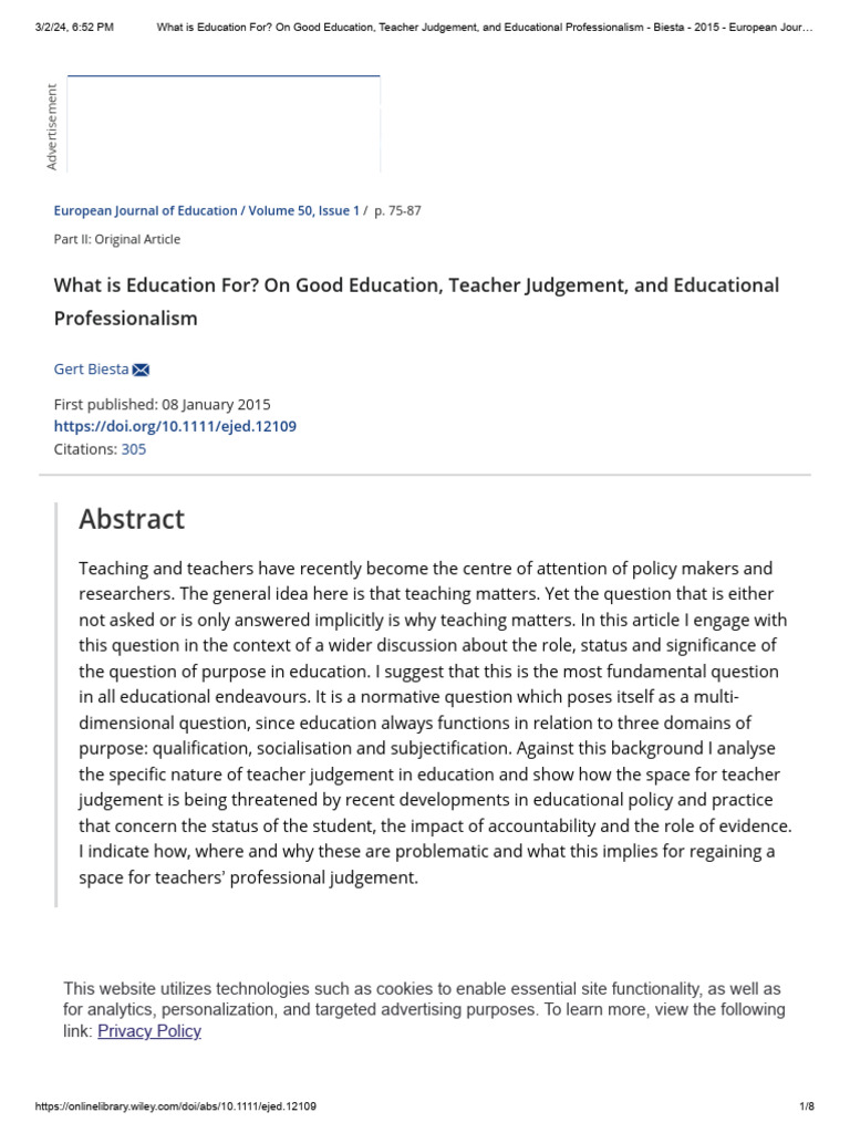 What Is Education For? On Good Education, Teacher Judgement, and ...