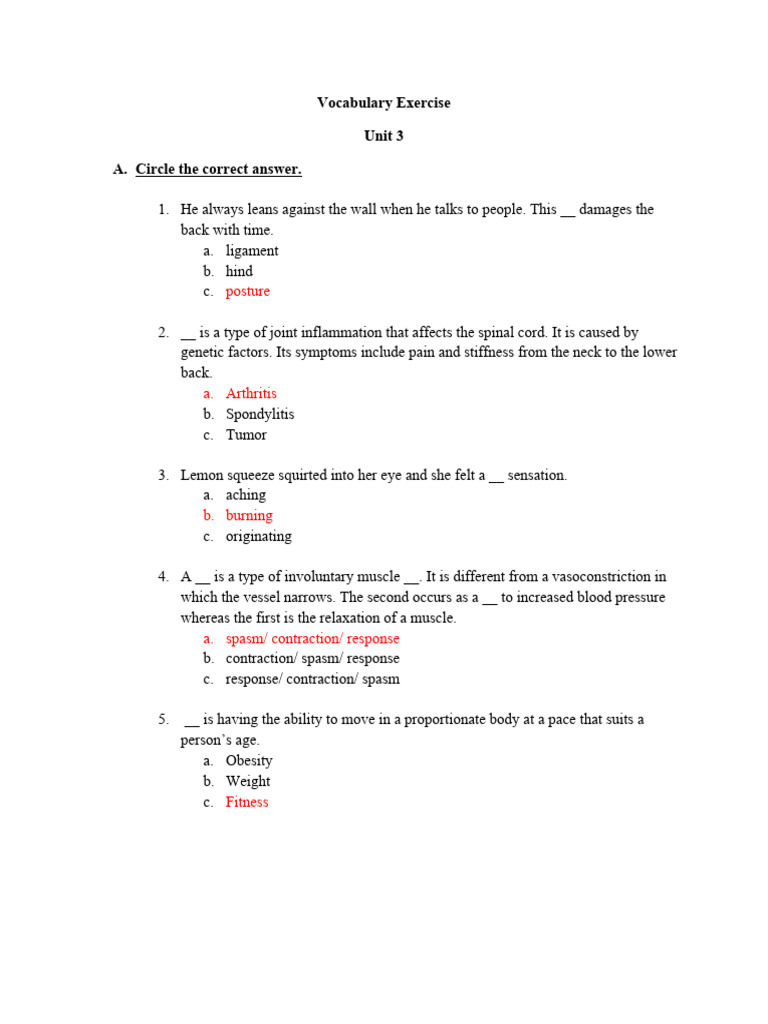 Vocabulary Exercise U3 - Answered | PDF | Arthritis | Obesity