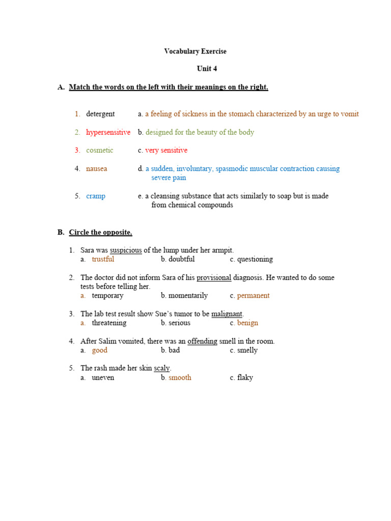 Vocabulary Exercise U4 Answered | PDF | Biopsy | Nausea