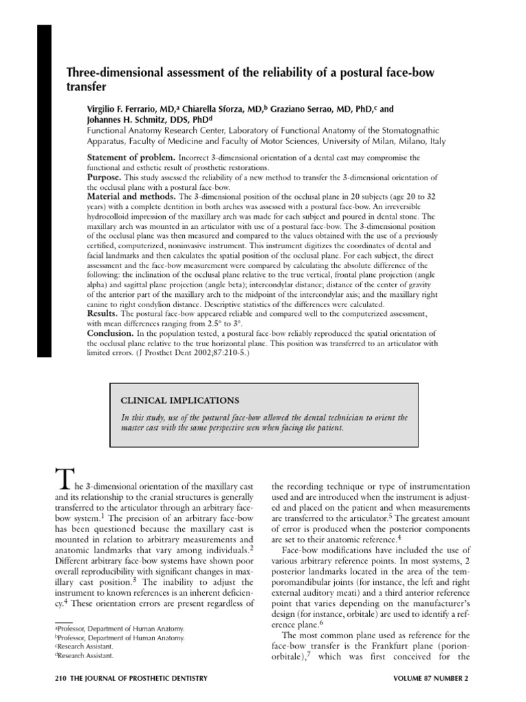 Three-Dimensional Assessment of The Reliability of A Postural Face-Bow | PDF