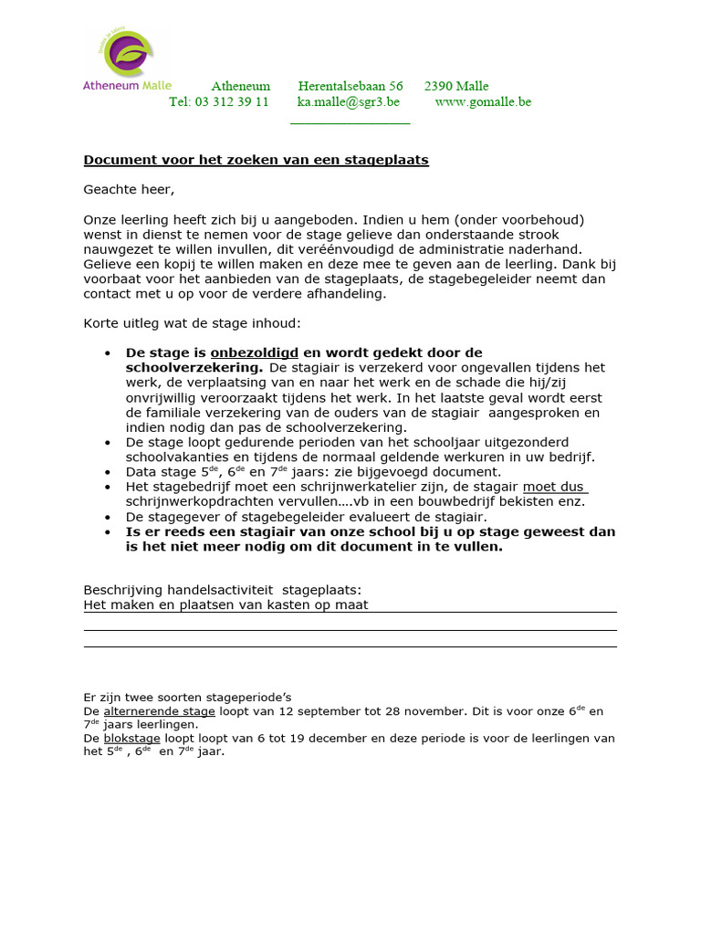 Nodige Gegevens Stagebedrijf | PDF