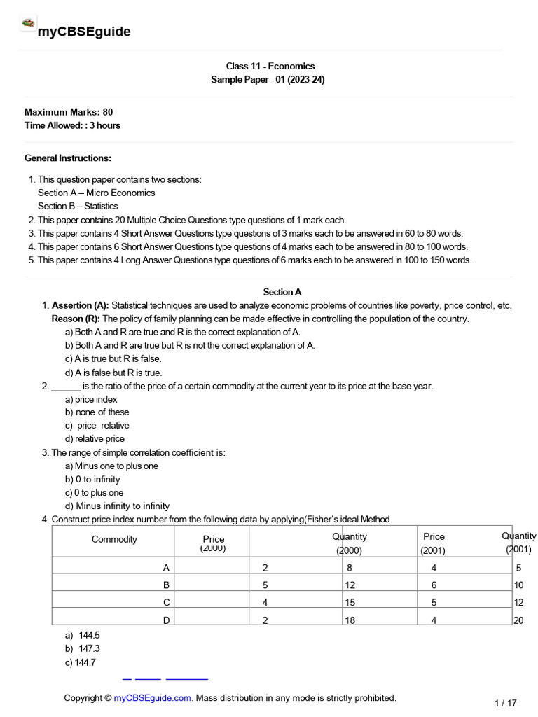 Eco Sample Paper 1. | PDF | Demand | Economics