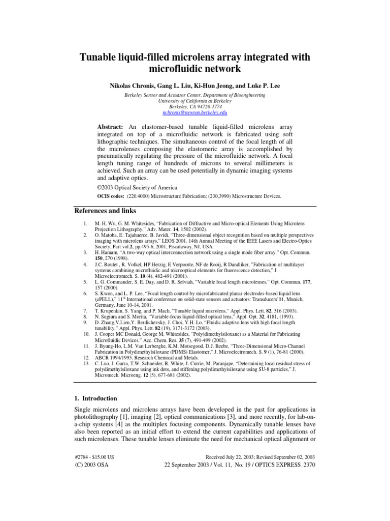 Tunable Liquid Filled Microlens Array Integrated With Microfludic ...