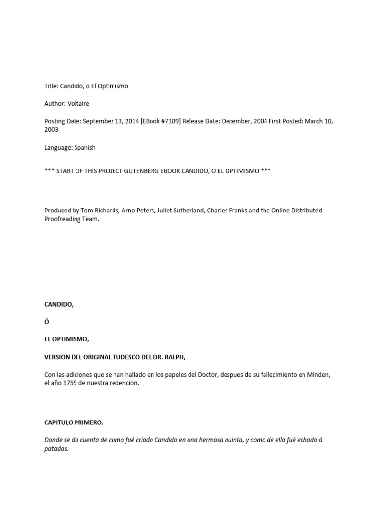 Candido o El Optimismo de Voltaire | PDF | Sincero