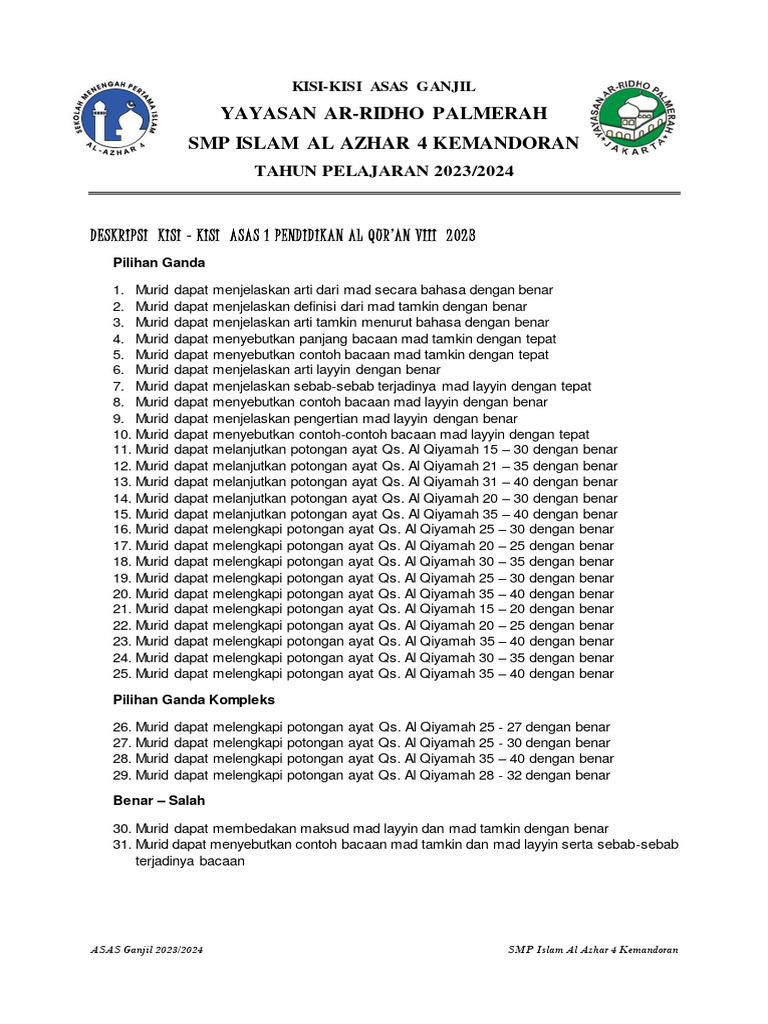 Deskripsi Kisi-Kisi Asas 1 - Paq 2023 | PDF | Agama & Spiritualitas