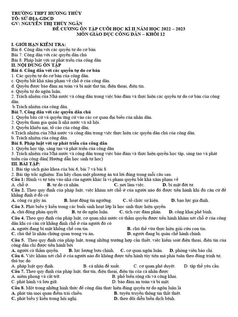 GỞI HS ĐỀ CƯƠNG CUỐI KI 2 GDCD12 NH22 23 | PDF