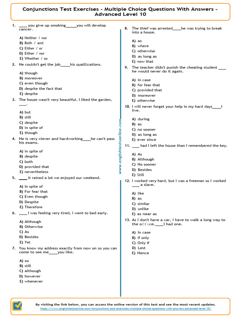 Multiple Choice Test About Conjunctions | Download Free PDF | Multiple ...