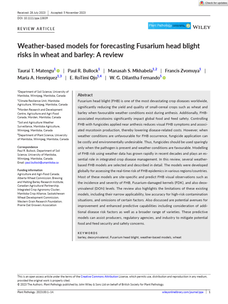 Plant Pathology - 2023 - Matengu - Weather Based Models For Forecasting Fusarium Head Blight ...