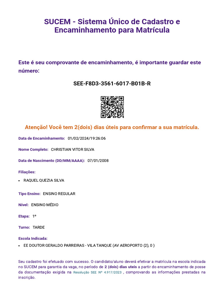 Matrícula Ensino Médio SUCEM 2024 | PDF