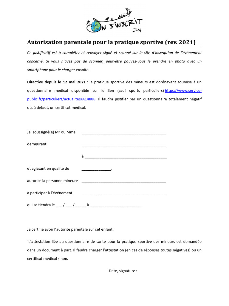 Modele Autorisation Parentale Pratique Sportive 2021 (1) | PDF